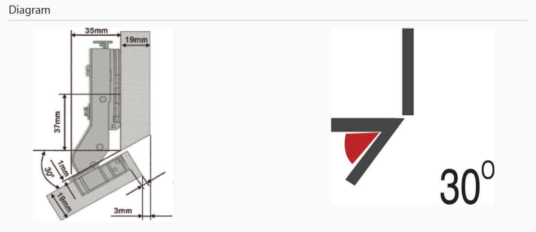 Buy 30° CROSS CORNER SLOW MOTION HINGE With Mounting Plate For Door ...